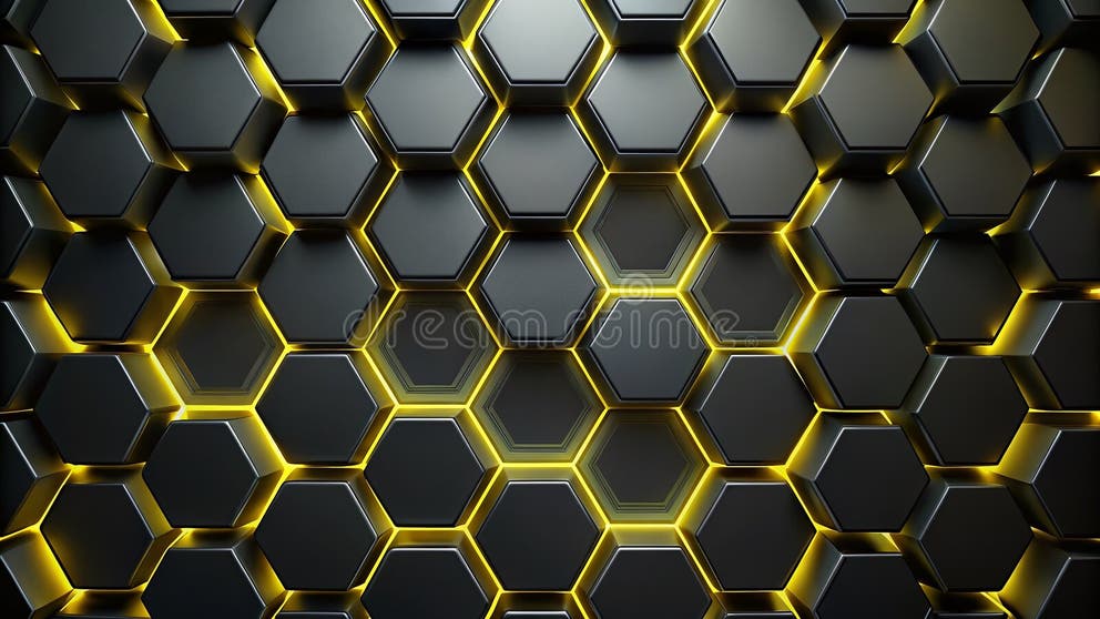 Striking 3D Matte Black Hexagonal Pattern with Neon Yellow Outlines a ...