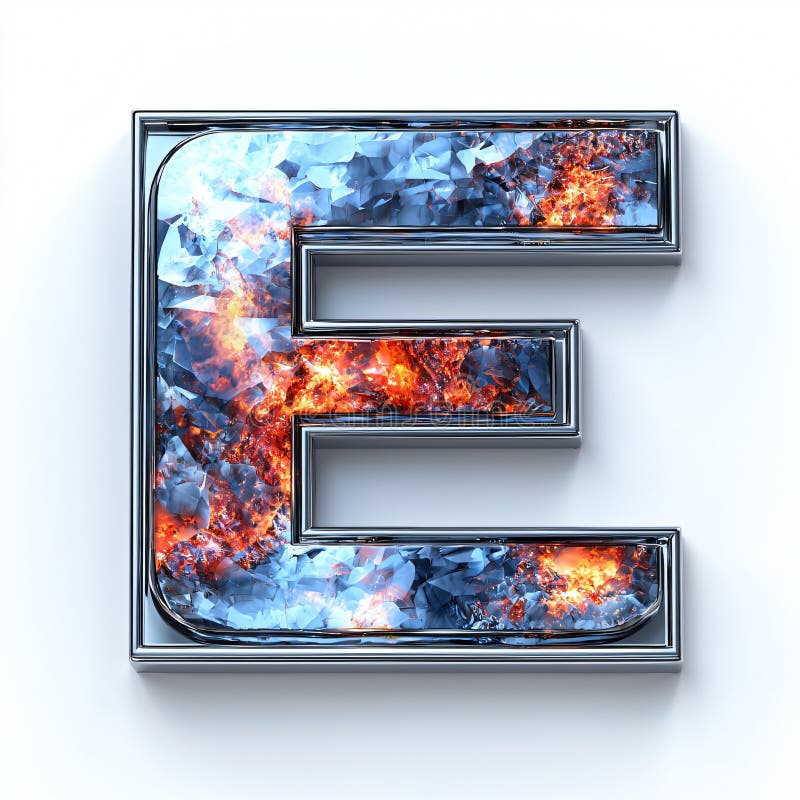Fiery Ice Crystal Letter E 3D Render Alphabet Chrome Frame Design Element AI Generated. Stock ...