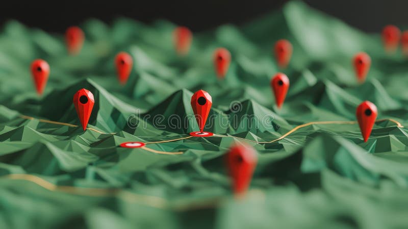 Isometric Location Map Red Pins on Green Low Poly Terrain Stock ...