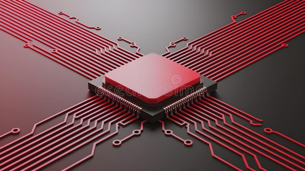 A Striking 3d Rendering of a Cpu Featuring Red Circuits and Modern Design Elements. Stock ...