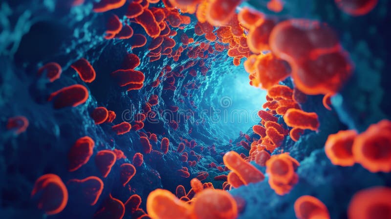 3D Rendering of Blood Cells in a Complex Vascular Structure Stock ...