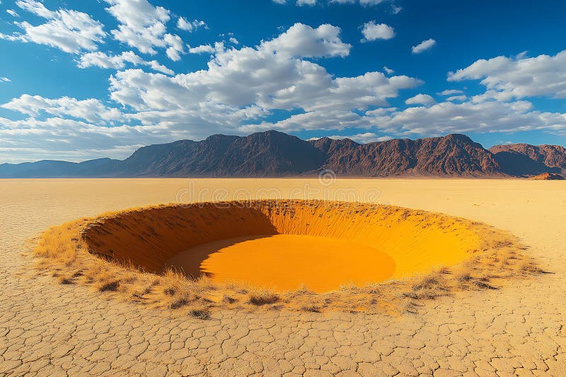 Striking Desert Landscape with Unique Circular Hole Under a Vivid Blue ...