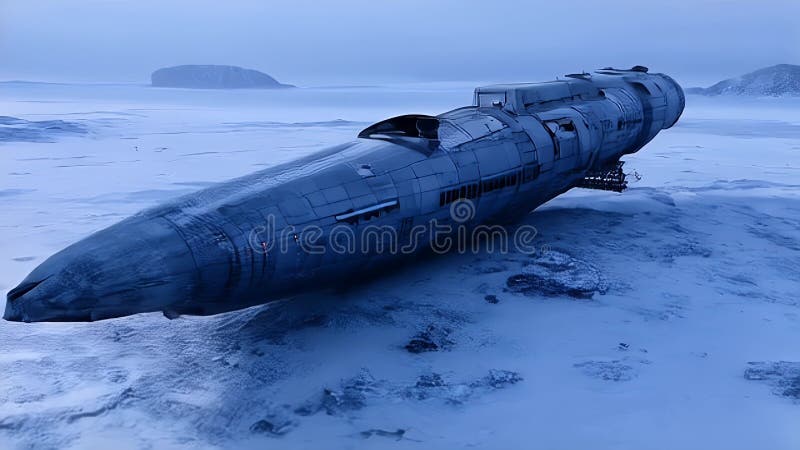 Wrecked Blue Spaceship on Snowy Landscape with Distant Mountains a ...