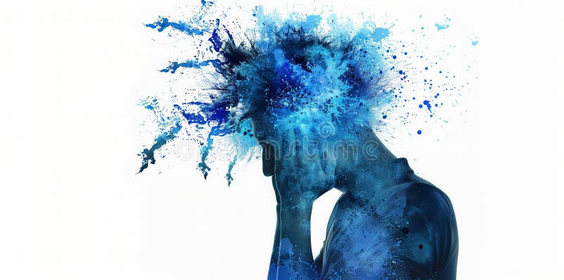 Man Holding His Head Explosion Blue Paint Stress Mental Health White ...