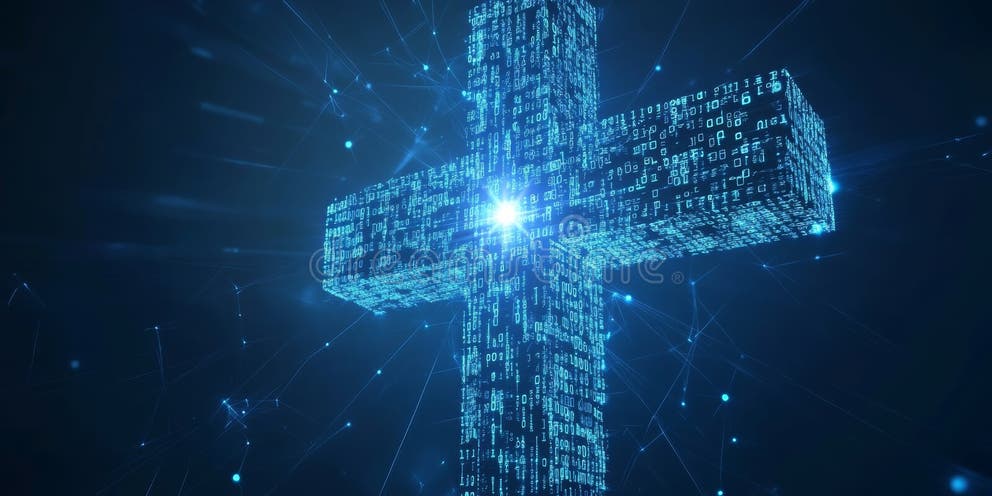 Digital Cross Design with Binary Code and Glowing Elements Stock ...