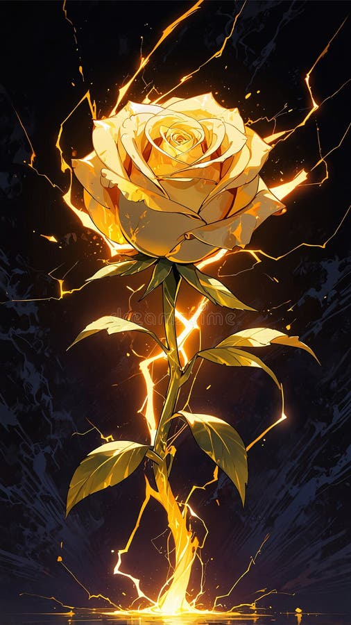 A Striking Digital Artwork of a Golden Rose with Lightning-like ...