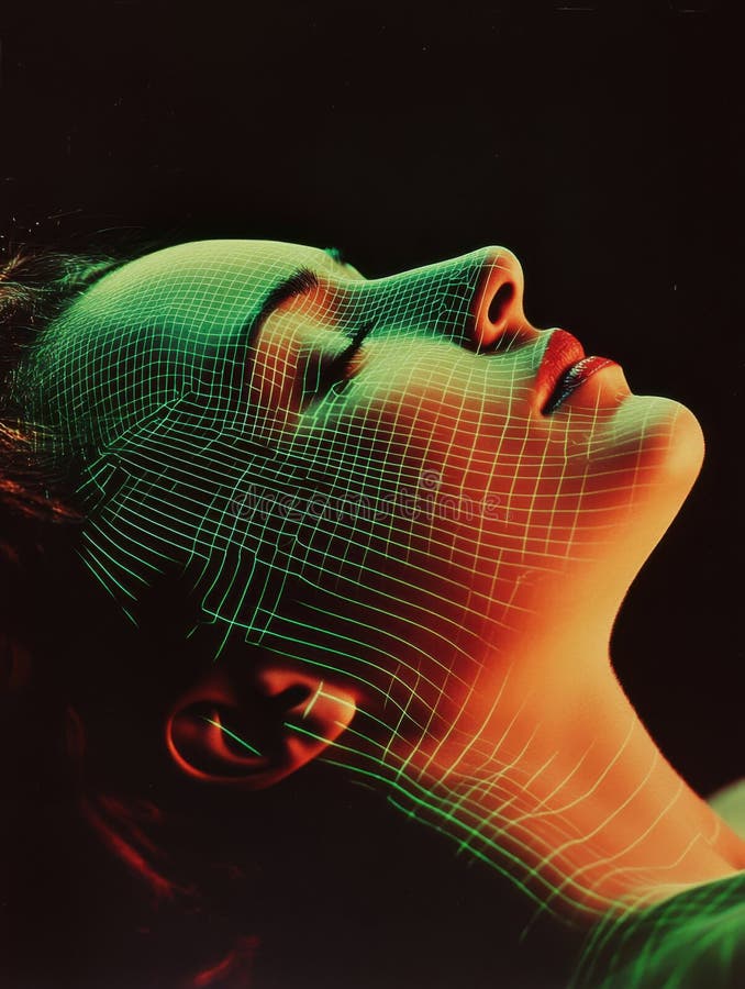 Ultra-realistic Digital Portrait with Neon Green Grid Overlay on a ...