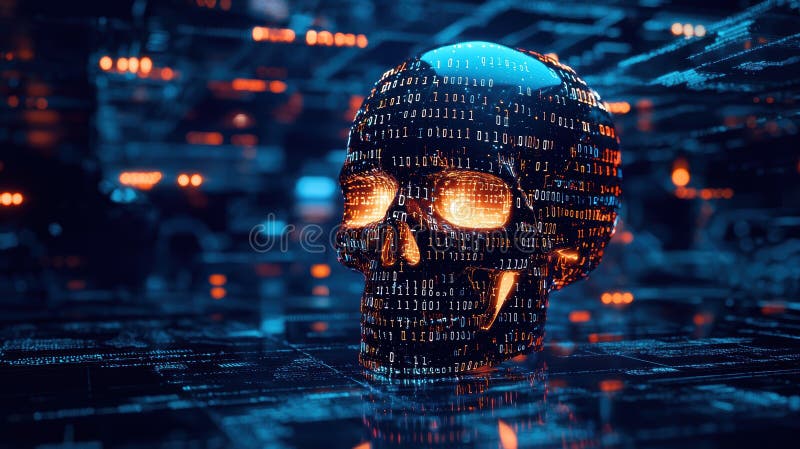 Futuristic Digital Skull with Glowing Binary Code and High-Tech Background Representing ...