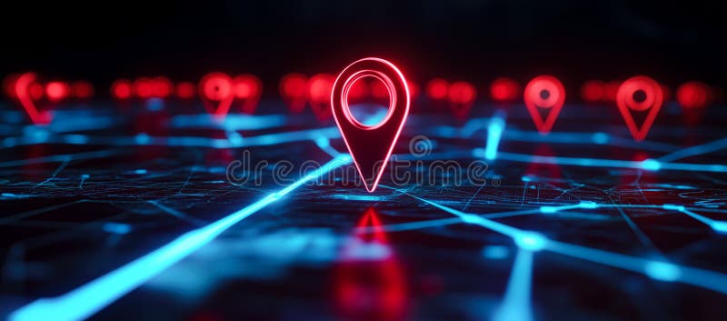 Glowing Red GPS Pin Icons on Digital Blue Network Map, Modern ...