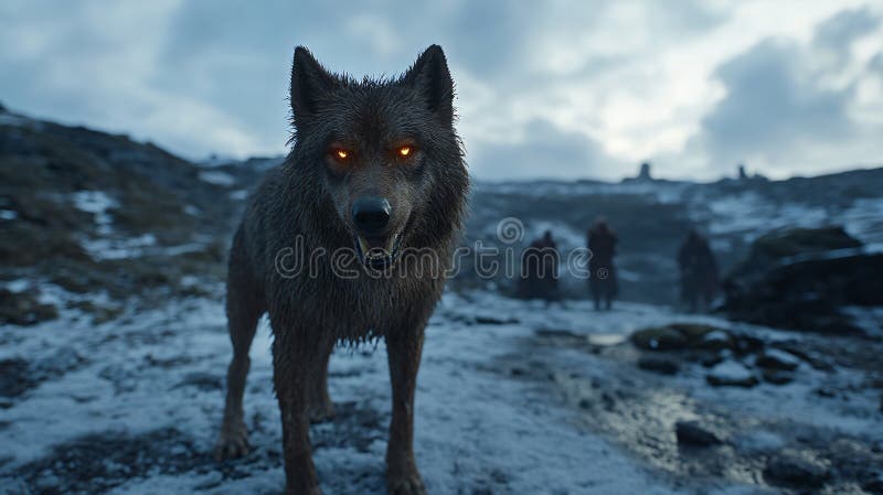 Dire Wolf with Glowing Eyes in Snowy Landscape, Standing Guard ...