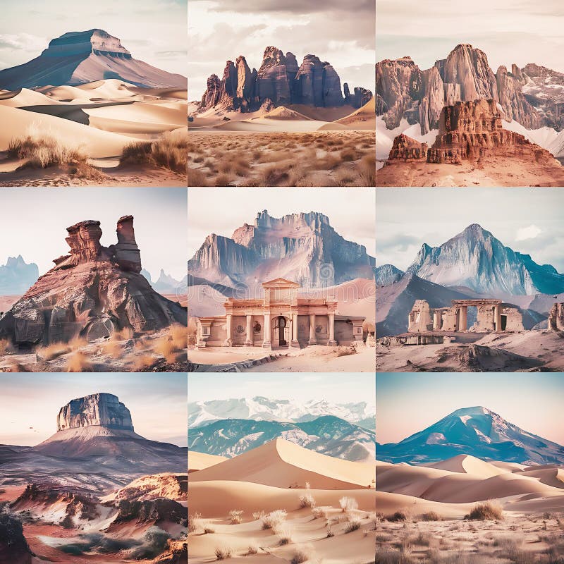 A Striking and Diverse Collage of Desert and Mountain Landscapes. Stock ...