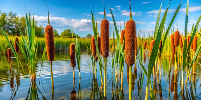 A Striking Documentary Image of Broadleaf Cattail in Shallow ...