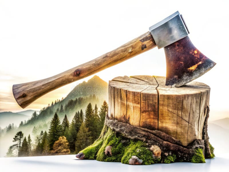Striking Double Exposure an Axe Embedded in a Log Against a Clean White ...