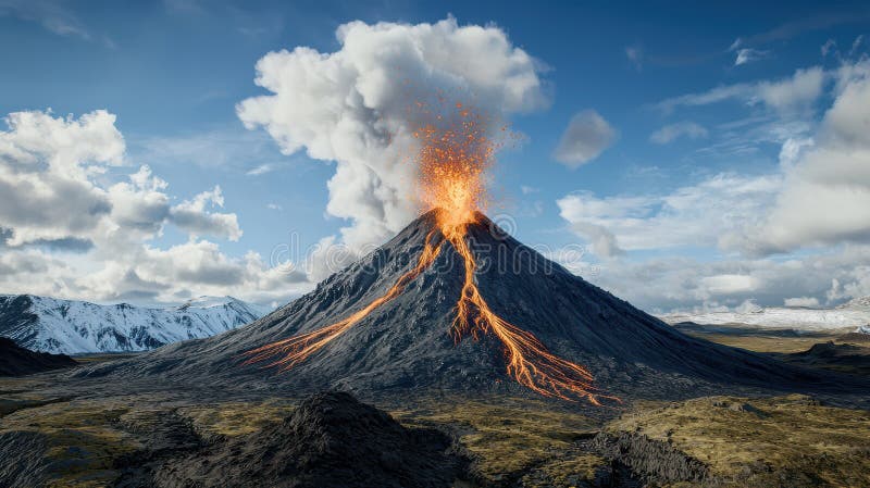 Striking and Dramatic Photograph of Erupting Volcano with Lava Flow ...