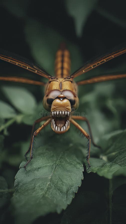 Dramatic Shot of Dragonfly on Leaf with Teeth Showing. Stock ...