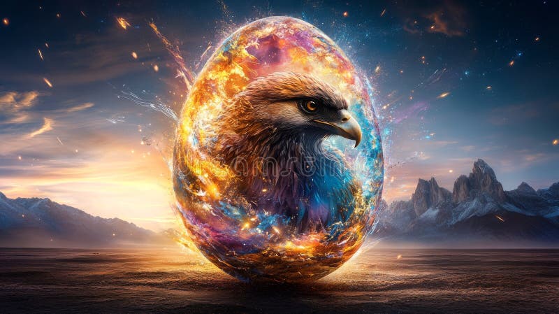 Majestic Eagle Emerging from a Cosmic Egg Against a Stunning Mountain ...