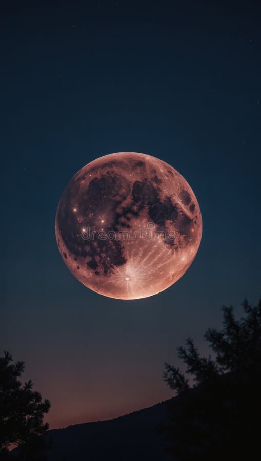 A Striking, Enormous Full Moon Dominates the Night Sky, Its Reddish Hue ...