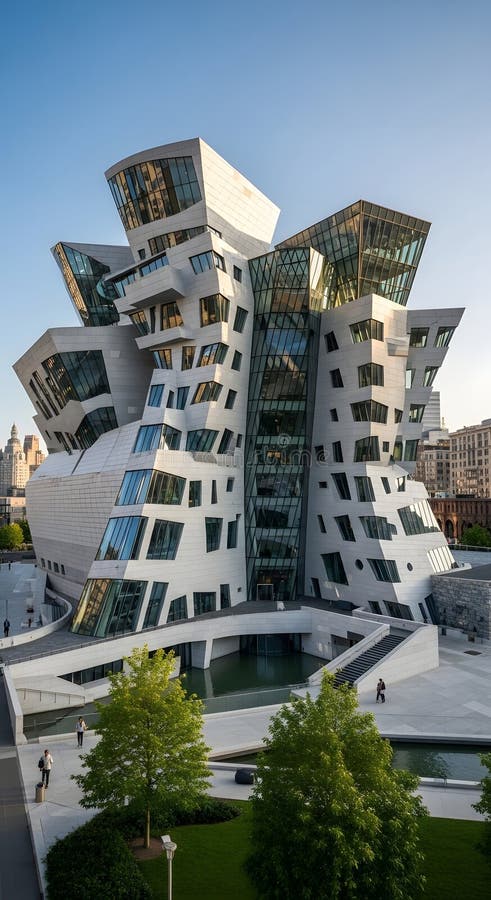 Modern Architectural Marvel: Dynamic Building with Water Features Stock ...