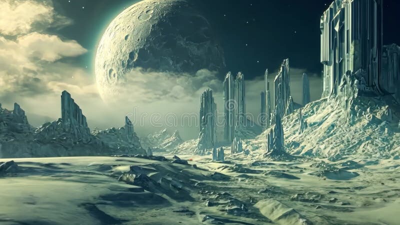 Surreal Alien Landscape with Towering Structures and a Massive Moon in ...
