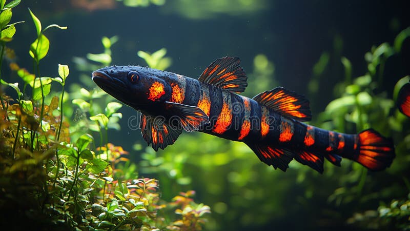 Fire Eel Swimming through Aquatic Plants Stock Illustration ...