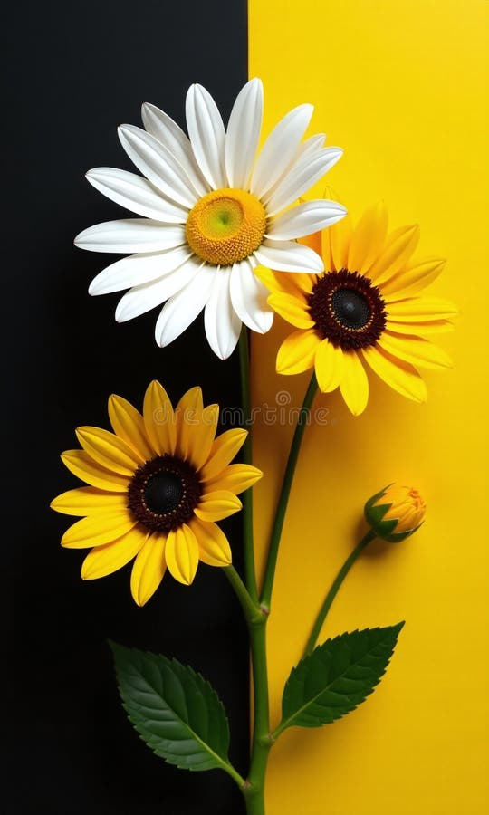 Striking Floral Composition Split Background Black and Yellow Stock ...