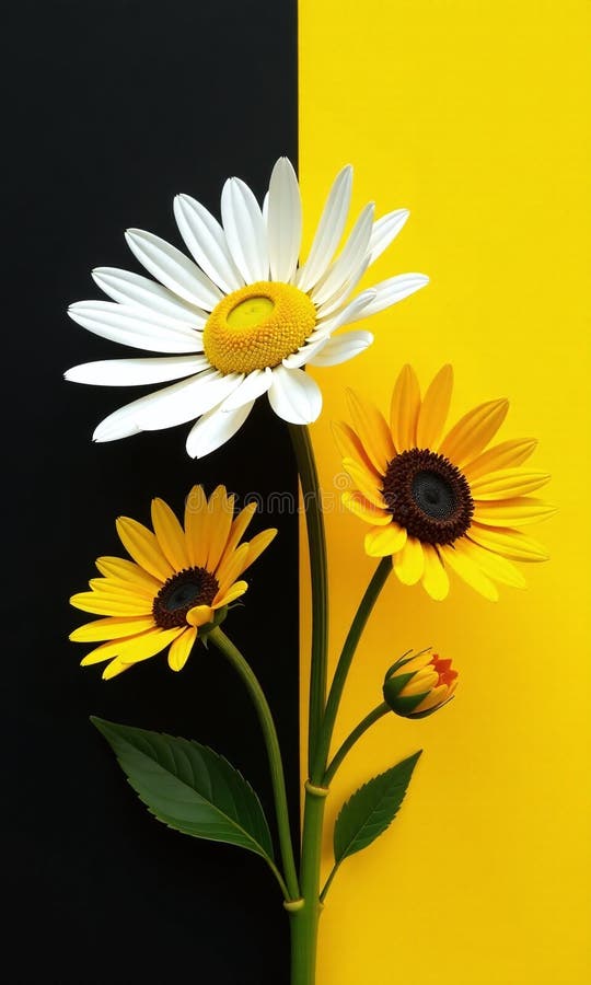 Striking Floral Composition Split Background Black and Yellow Stock ...