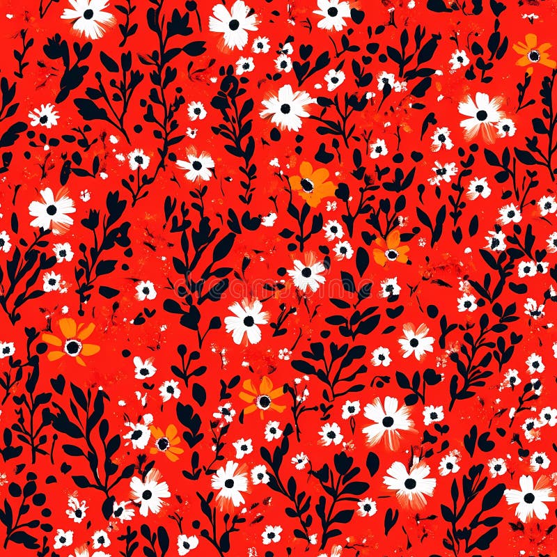 Striking Floral Pattern with Small White, Yellow, and Black Flowers on ...