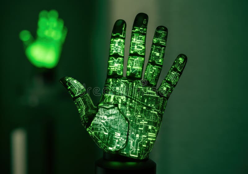 Futuristic Hand Sculpture Illuminated with Green Circuit Patterns Stock ...