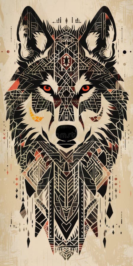 Geometric Wolf Art with Intricate Patterns and Bold Colors on Beige ...