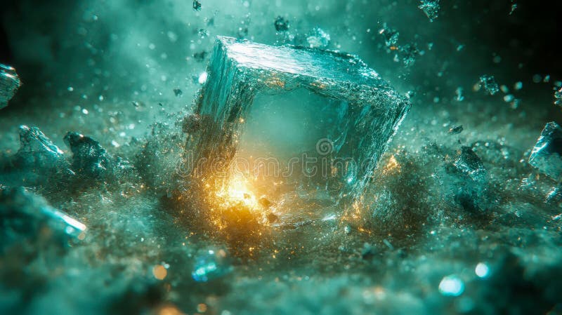 A Striking Glass Cube Melting in a Fiery Explosion, Surrounded by ...