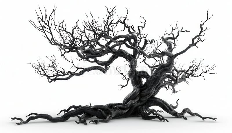 Gnarly Tree with Twisted Branches Against a Plain Background Stock ...