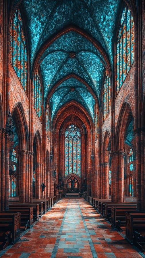 Gothic Church Interior with Teal and Orange Tones Stock Image - Image ...