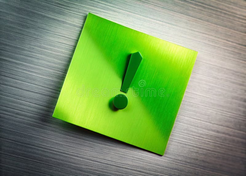 Striking Green Sticky Note with Exclamation Point on a Brushed Metal ...