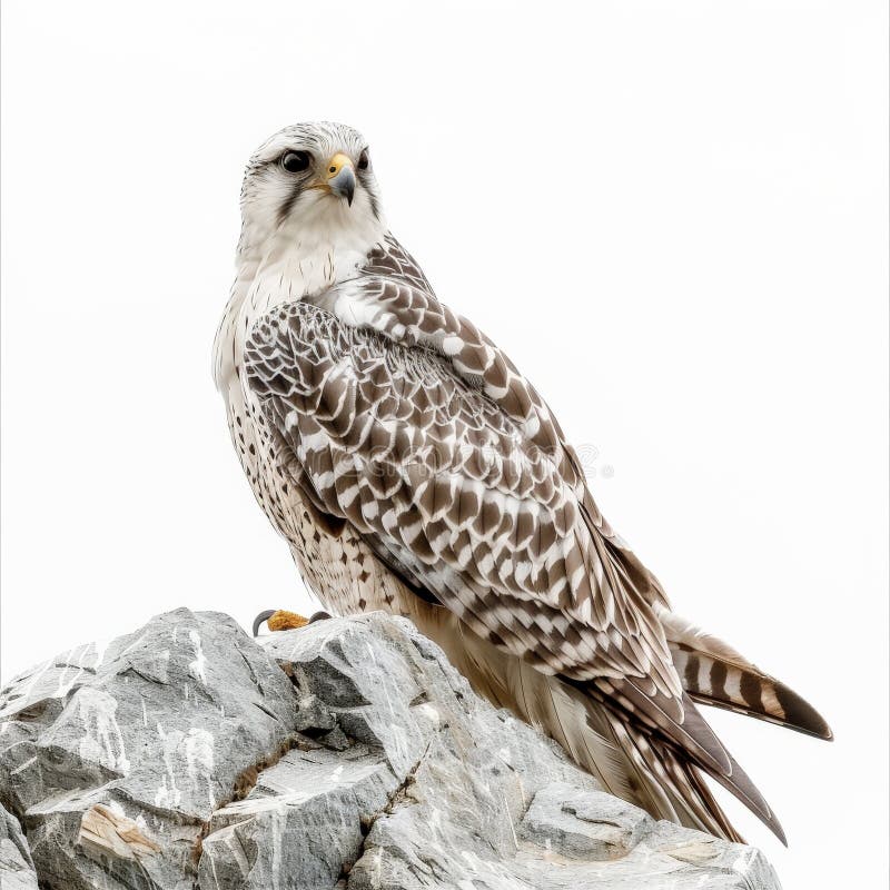 A Striking Gyrfalcon Perched on a Rocky Ledge, Its Feathers Ruffled by ...