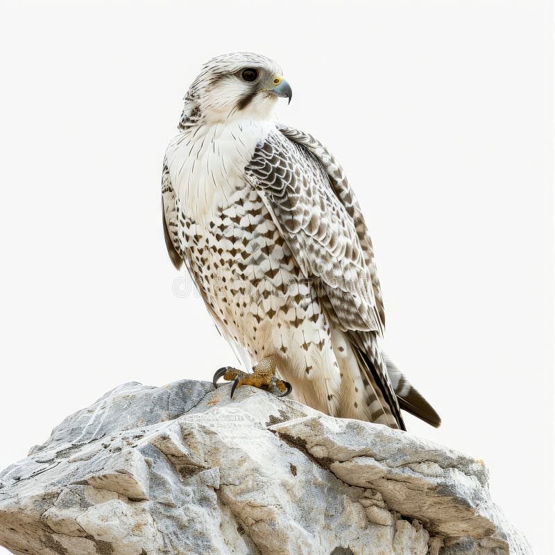 A Striking Gyrfalcon Perched on a Rocky Ledge, Its Feathers Ruffled by ...