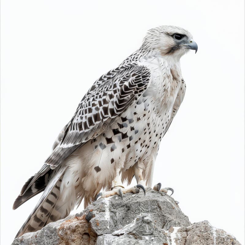 A Striking Gyrfalcon Perched on a Rocky Ledge, Its Feathers Ruffled by ...