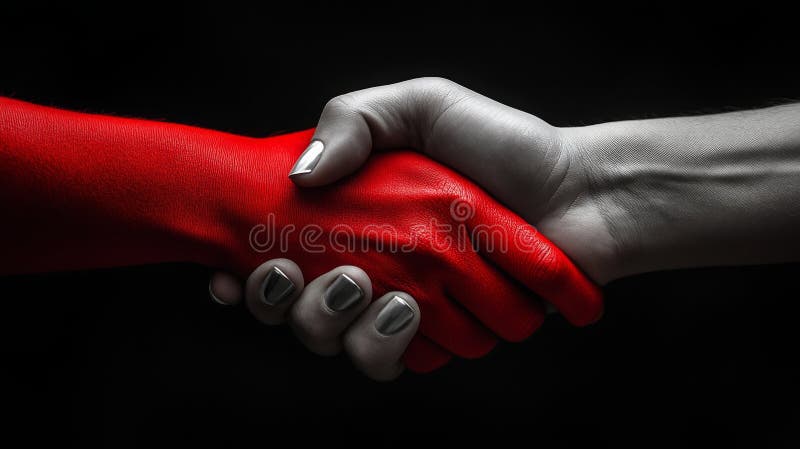 A Striking Handshake between a Red-painted Hand and Monochrome Hand ...