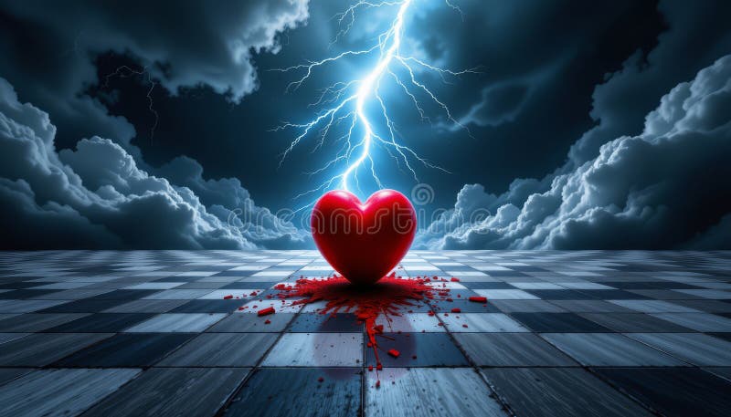 Striking Heart Surrounded by Dark Clouds and Lightning, Symbolizing ...