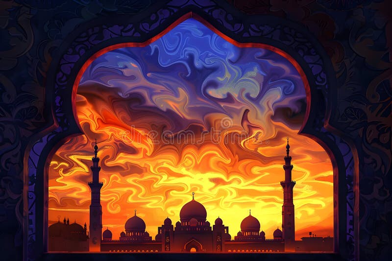 Arched Mosque Window with View of a Silhouetted Mosque with Orange Sky ...