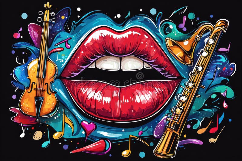 Vibrant Sticker Art of Red Lips Surrounded by Colorful Music Notes ...