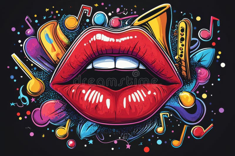 Vibrant Sticker Art of Red Lips Surrounded by Colorful Music Notes ...