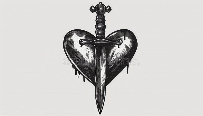 A Sword Piercing a Heart Design with Dripping Details on a Plain ...