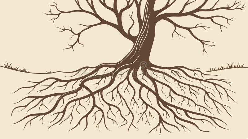 Detailed Illustration of a Large, Sprawling Tree Root System Vector ...