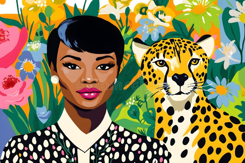 Woman Standing beside a Leopard in a Vibrant Floral Background ...