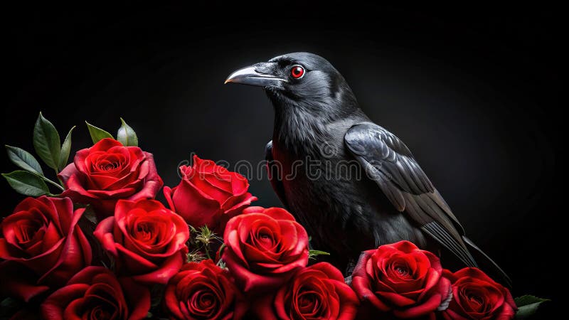 A Striking Image of a Black Crow Perched Amongst Vibrant Red Roses ...