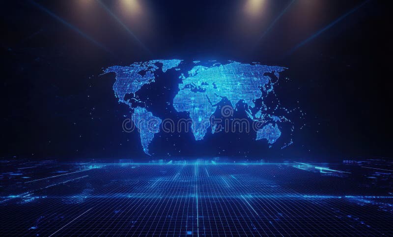 Blue Digital World Map on Futuristic Screen with Glowing Grid and ...