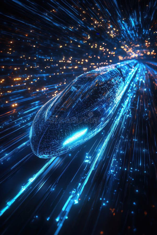 Blue High-speed Train Traveling through a Futuristic Digital Landscape ...