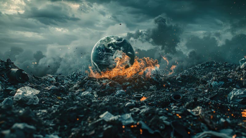 A Striking Image of a Burning Earth Surrounded by Trash. Perfect for ...