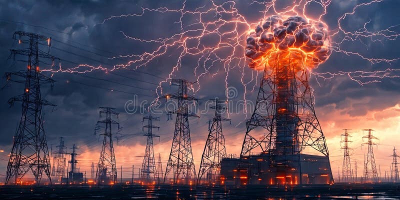 Apocalyptic Brainstorm: Towering Flames and Electrical Fury Stock ...