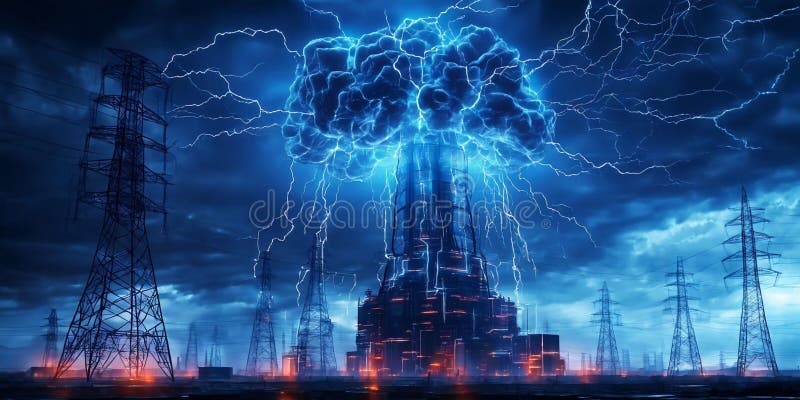 Apocalyptic Brainstorm: Towering Flames and Electrical Fury Stock ...